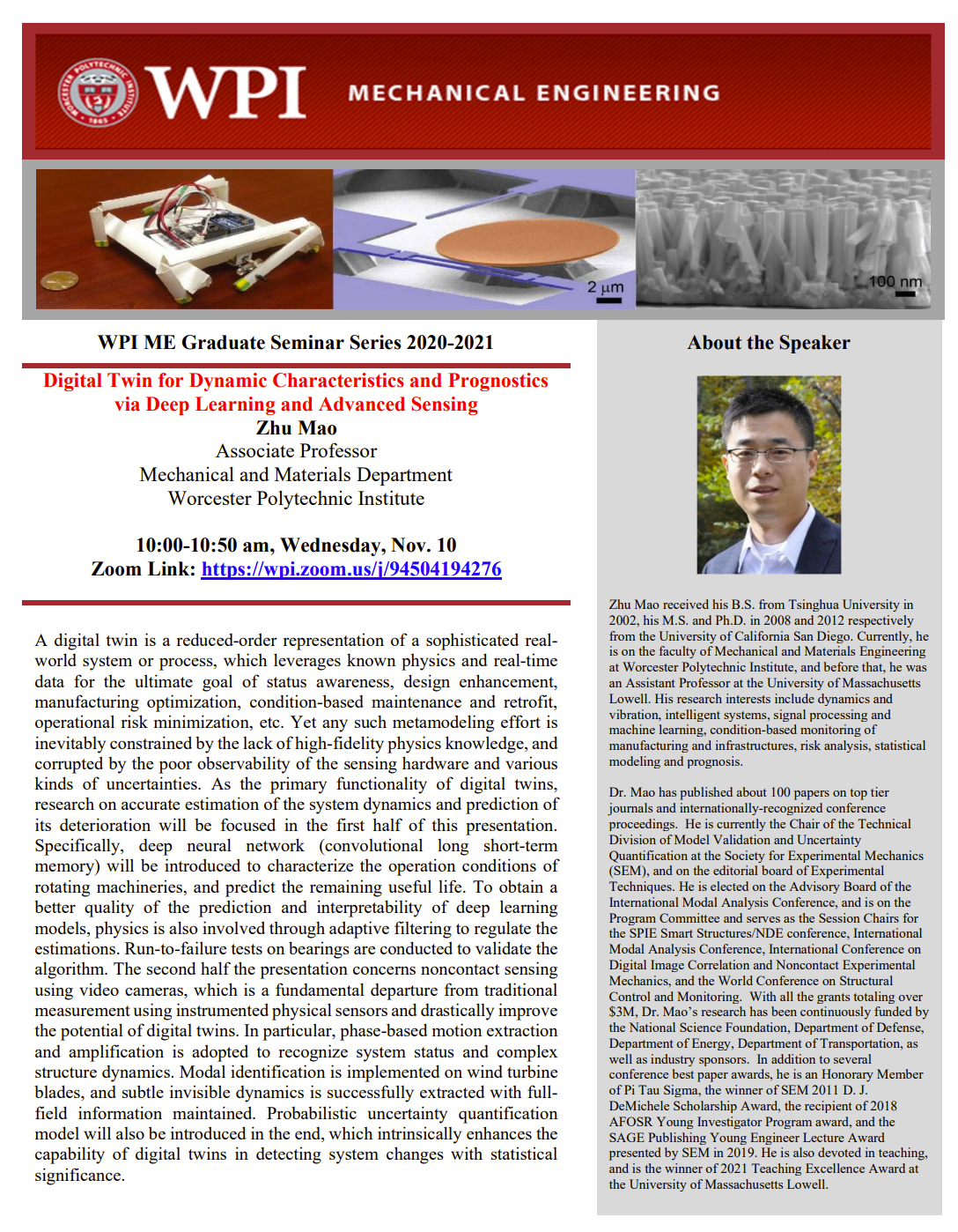 ME Graduate Seminar: Zhu Mao, Associate Professor, Mechanical & Materials Dept., WPI | Worcester ...