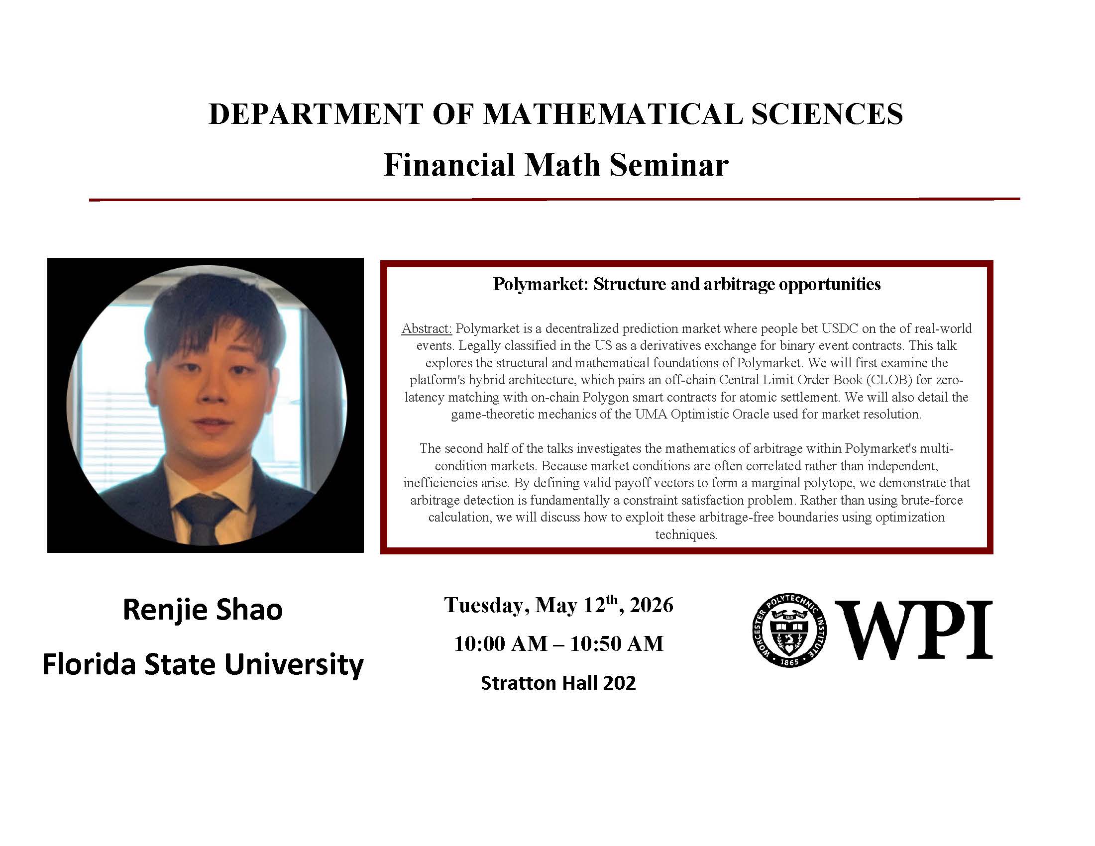 Department of Mathematical Sciences Financial Math Seminar: Renjie Shao ...